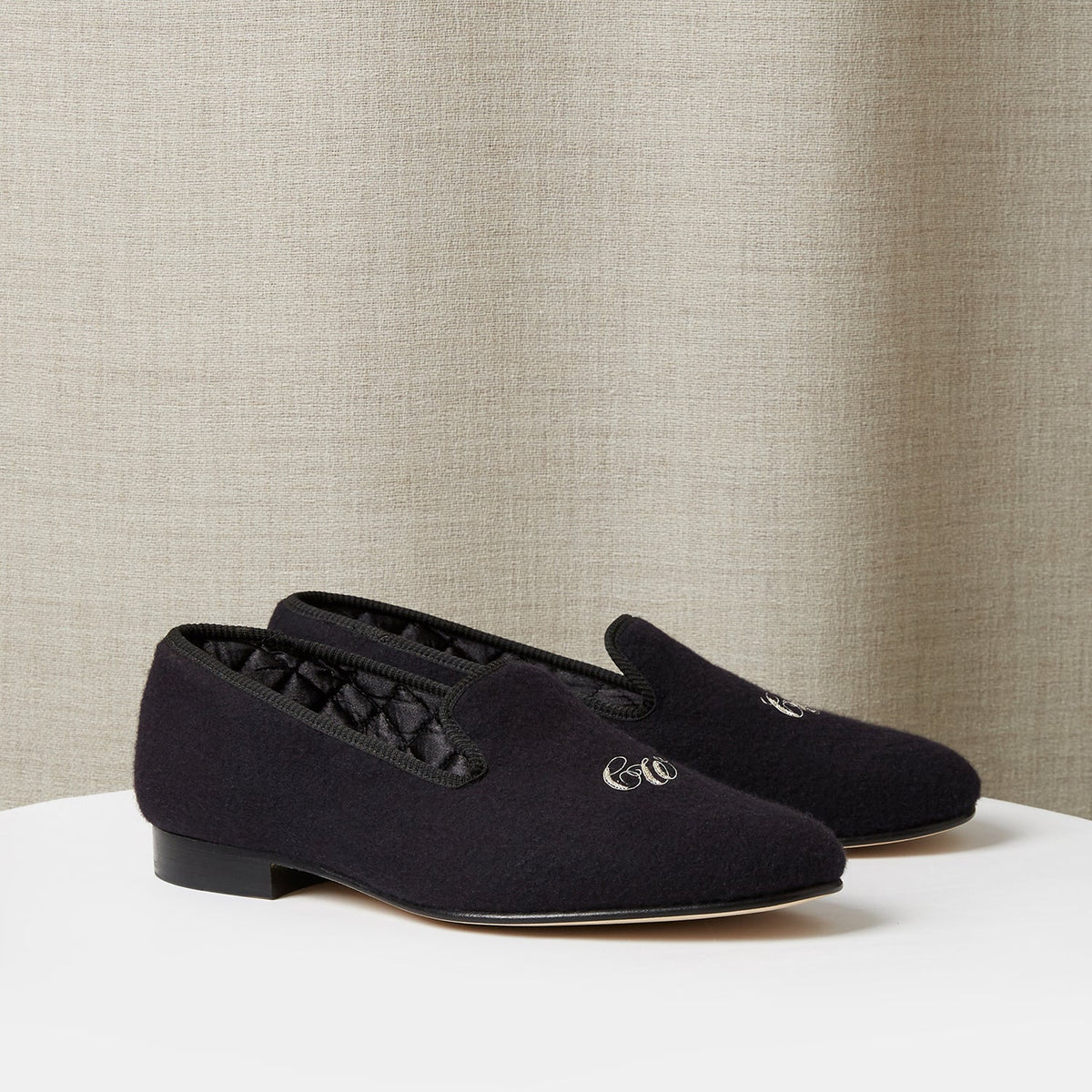 Albert Slipper in Midnight Navy Cashmere with Hand-Embroidered Monogra ...